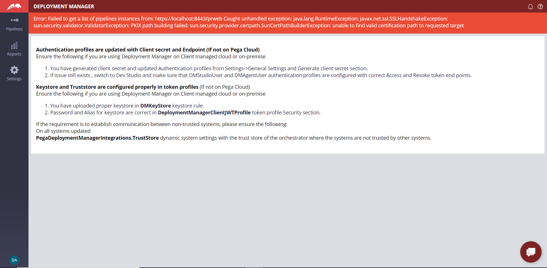 Getting Error: Failed to get a list of pipelines instances from: https://localhost:8443/prweb ...